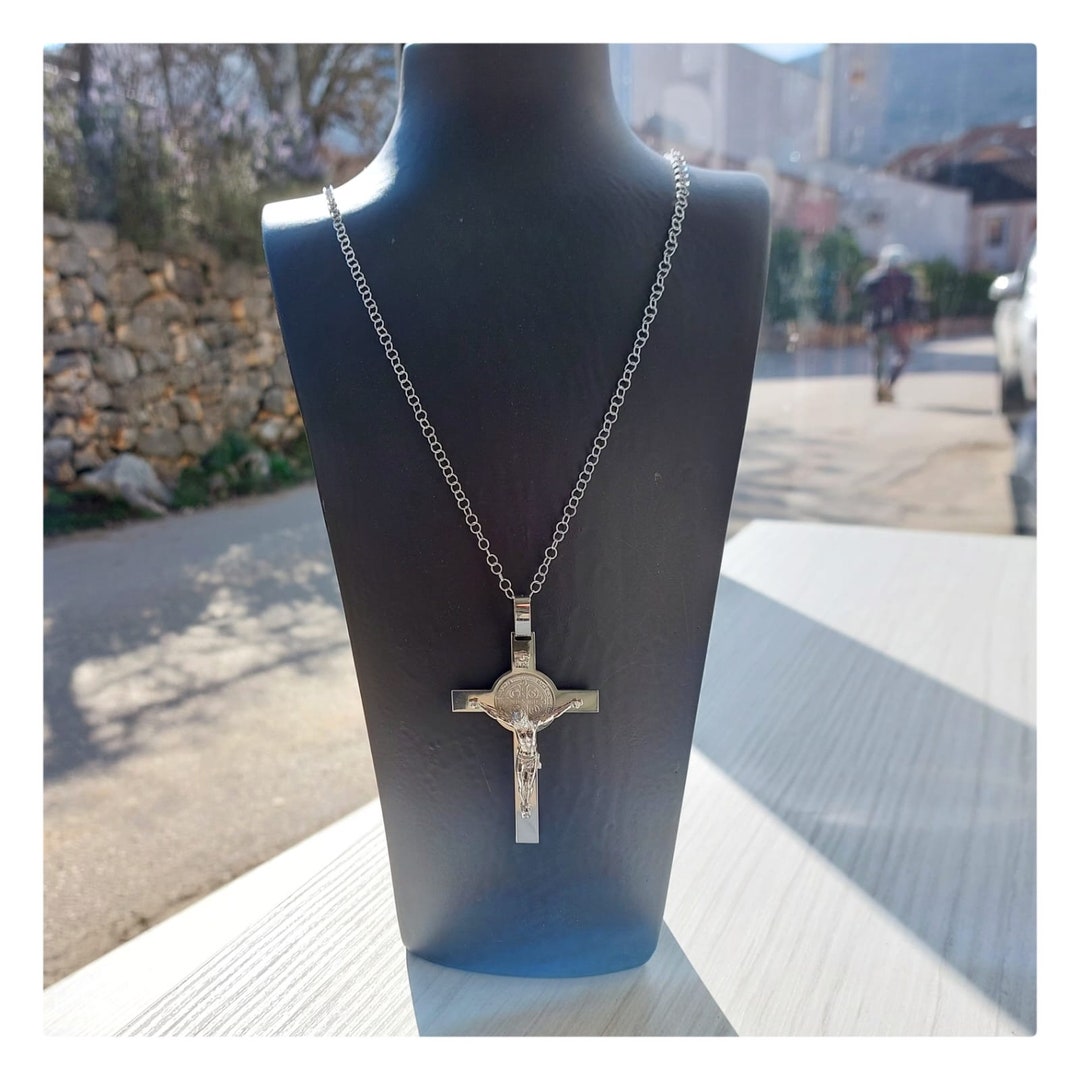 St Benedict Crucifix Necklace for Big Guys, Sterling Silver St Benedict ...
