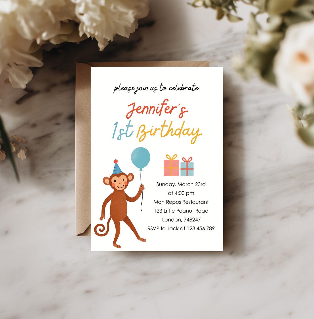 Editable Monkey Birthday Invitation | Jungle Party Template | Printable ...