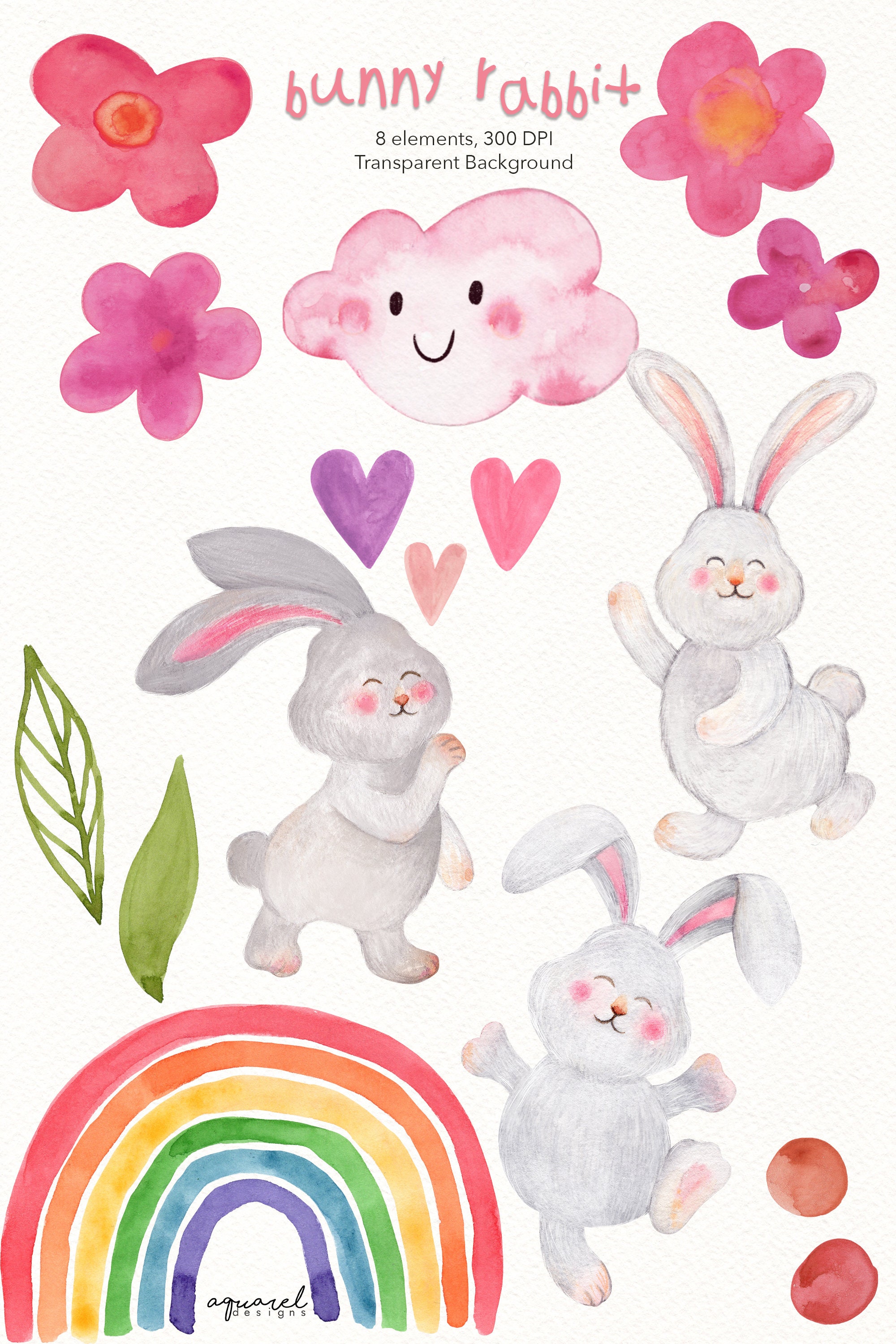 Bunny Rabbit Watercolor Clipart Cute Bunny Rainbow Art - Etsy