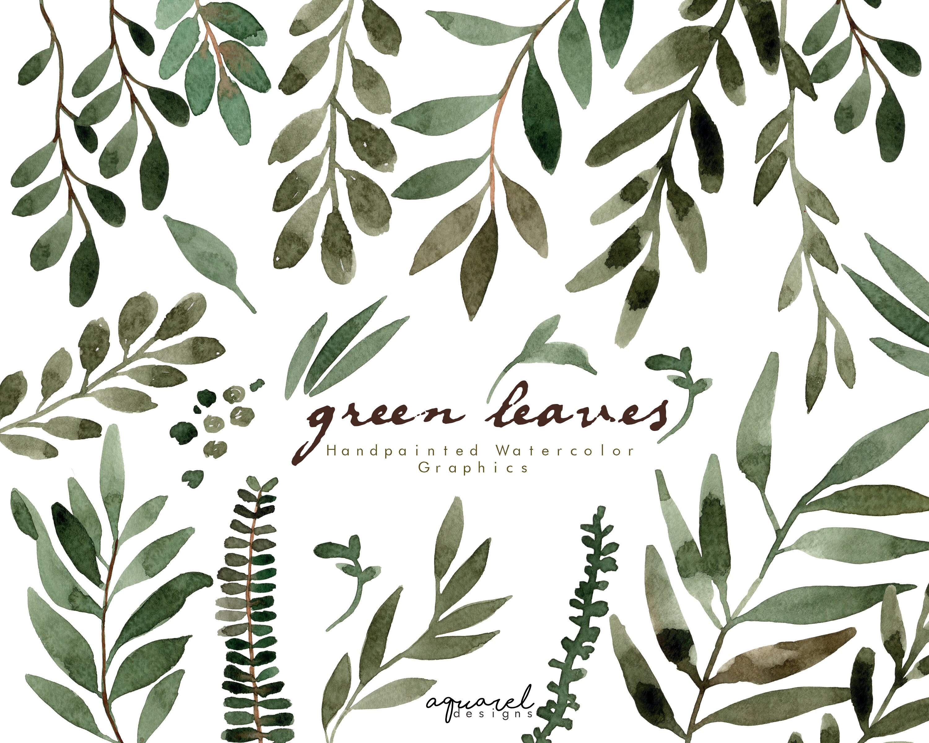 Watercolor Green Leaves Clipart Greenery Leaves Leaf Branches and Stems ...