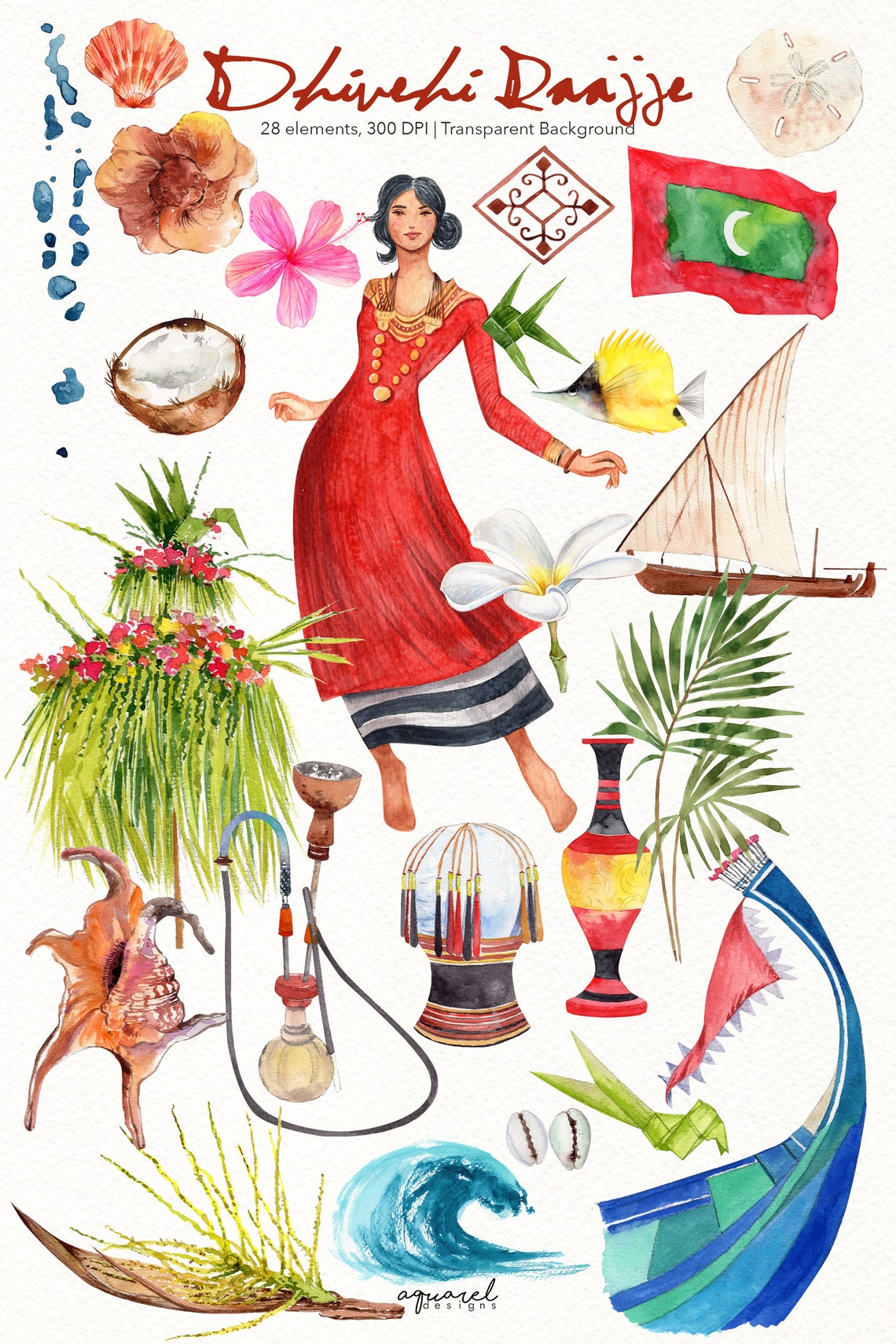 DHIVEHI RAAJJE Maldives Travel Clipart Watercolor Tropical - Etsy