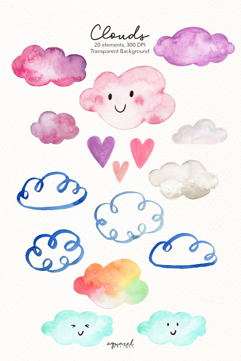 Watercolor Clouds Glitter Raindrops Rainy Clouds Cute - Etsy