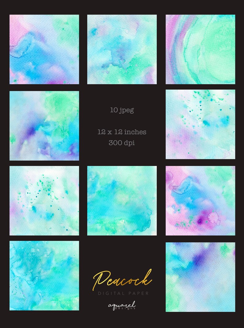 Watercolor Digital Paper, Blue, Purple, Mint Green, Turquoise ...