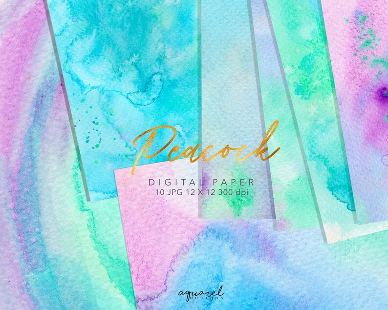 Watercolor Digital Paper, Blue, Purple, Mint Green, Turquoise ...