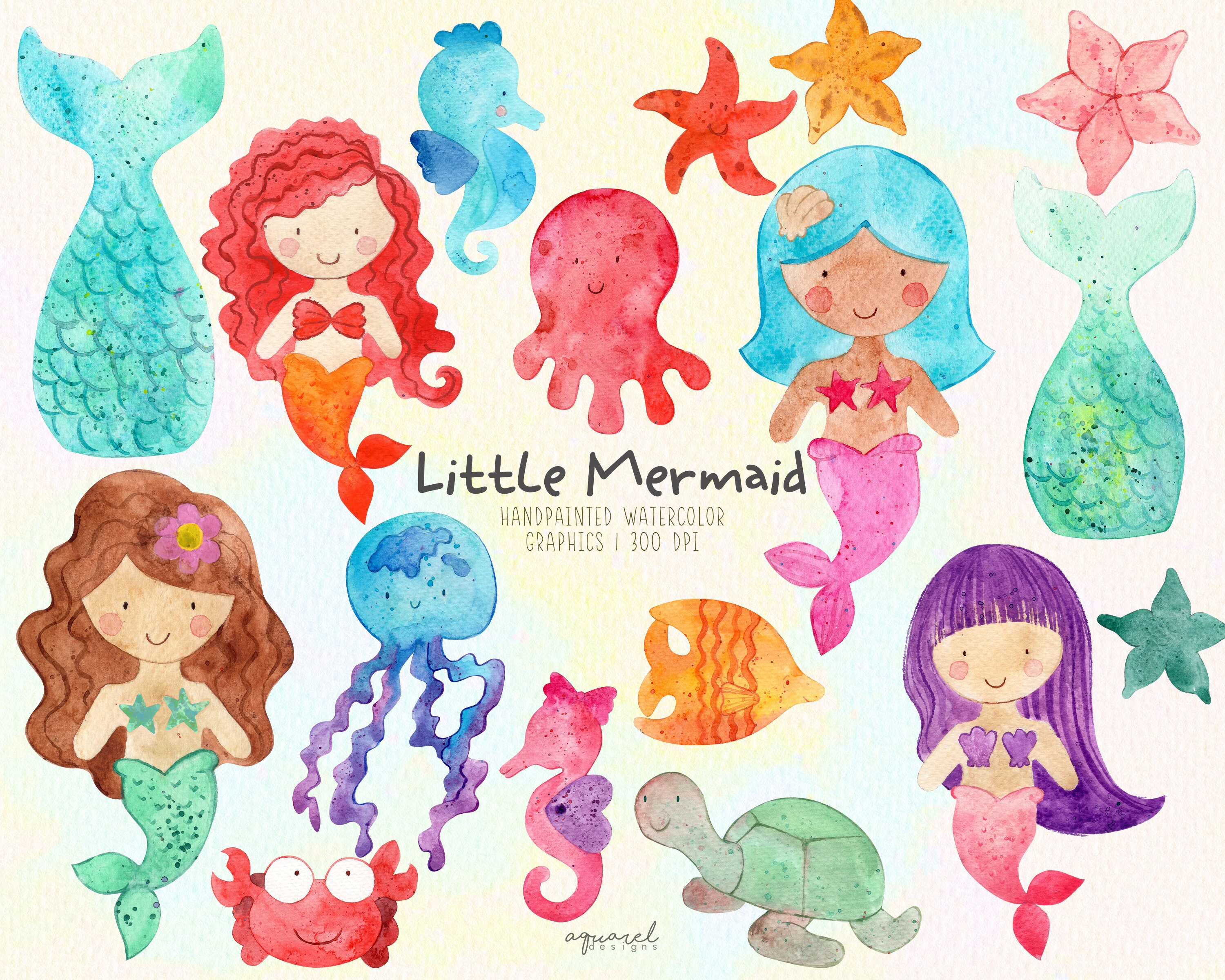 Mermaid Clipart Watercolor Sea Underwater Clipart Birthday - Etsy