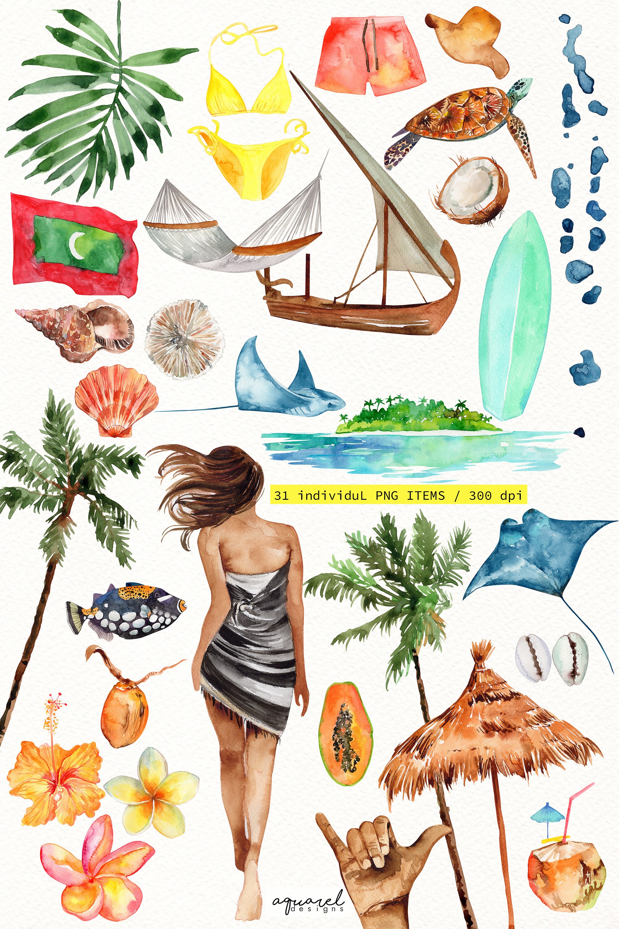 Watercolor Tropical Clip Art MALDIVES Tropical Summer - Etsy