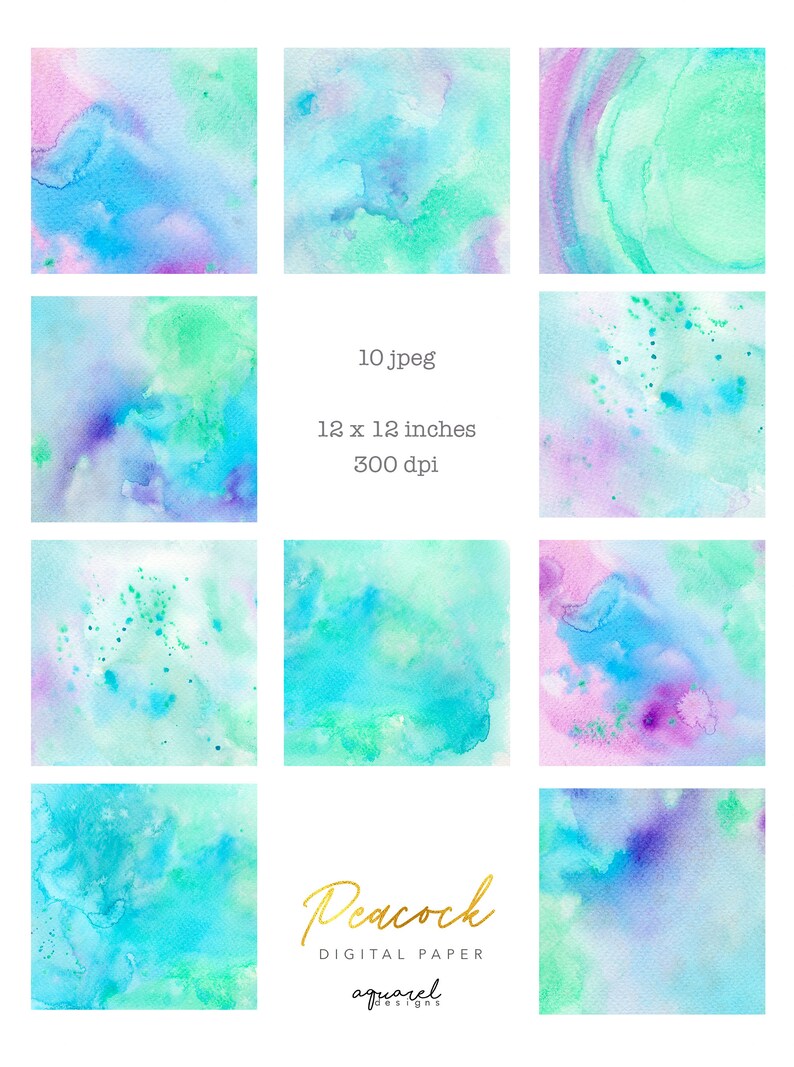Watercolor Digital Paper, Blue, Purple, Mint Green, Turquoise ...