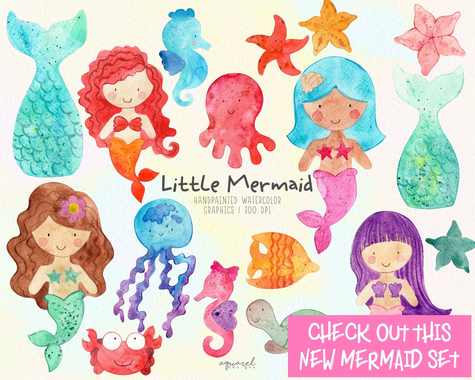 Mermaid Clipart Watercolor Sea Underwater Clipart Glitter - Etsy