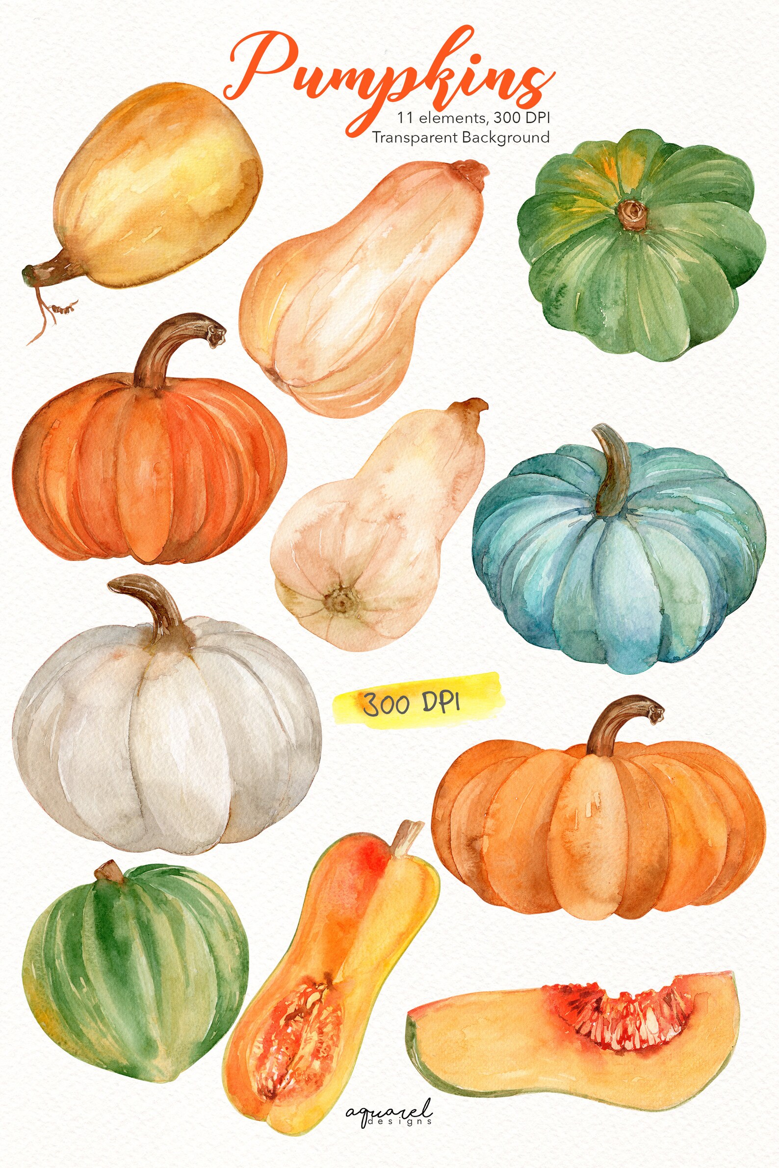 Watercolor Pumpkins Clipart Fall Clipart Fall Autumn - Etsy