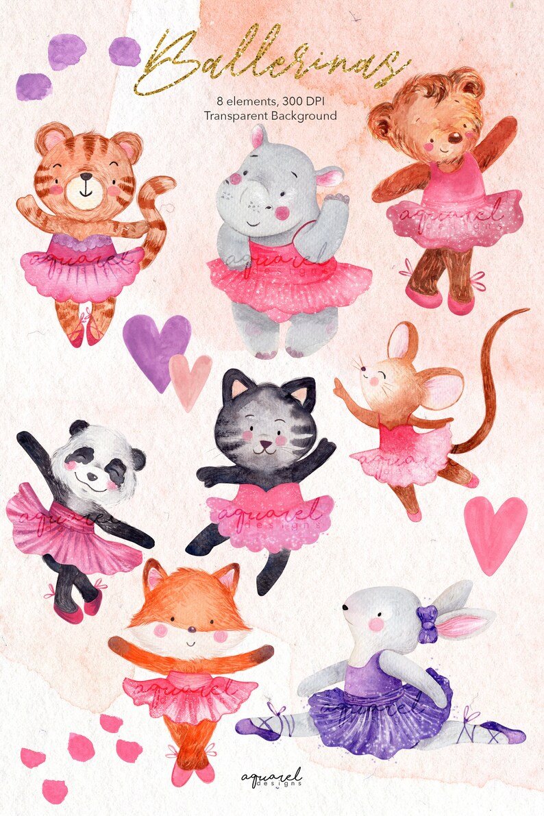 BALLERINA, Cute Animal Ballerina, Watercolor Clipart, Tiger ...
