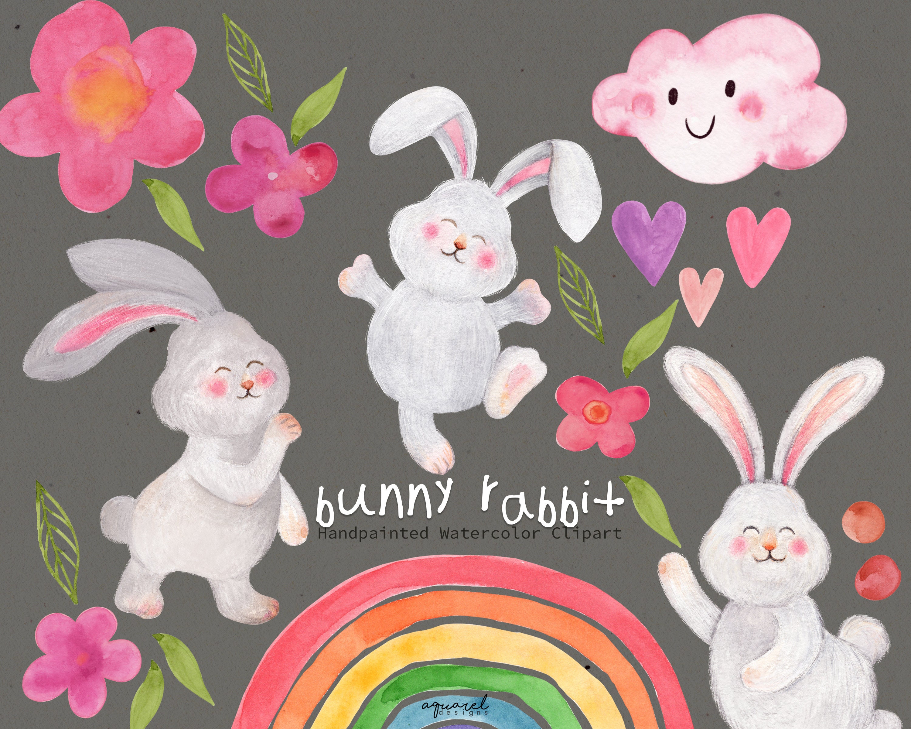 Bunny Rabbit Watercolor Clipart Cute Bunny Rainbow Art - Etsy