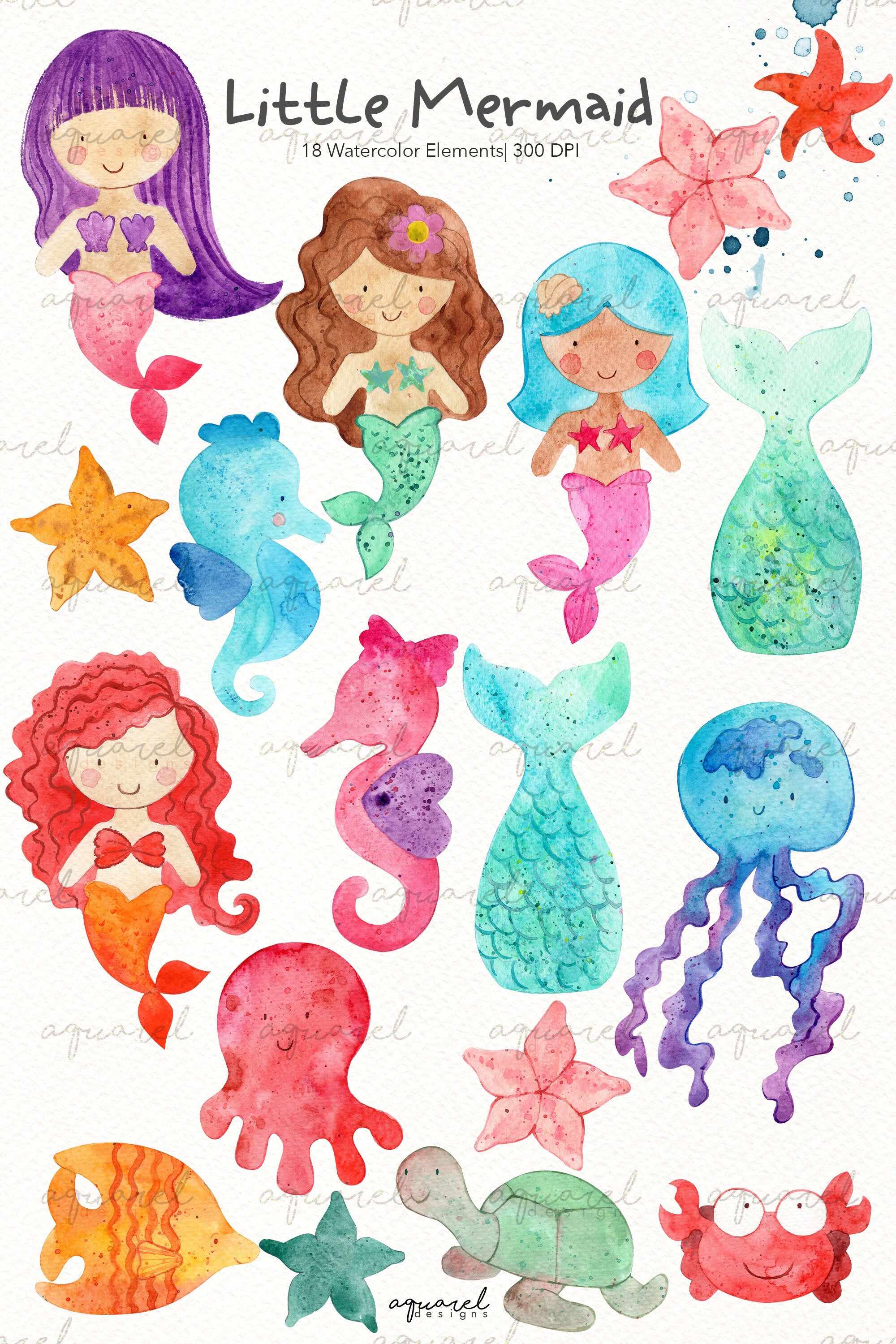 Mermaid Clipart Watercolor Sea Underwater Clipart Birthday - Etsy