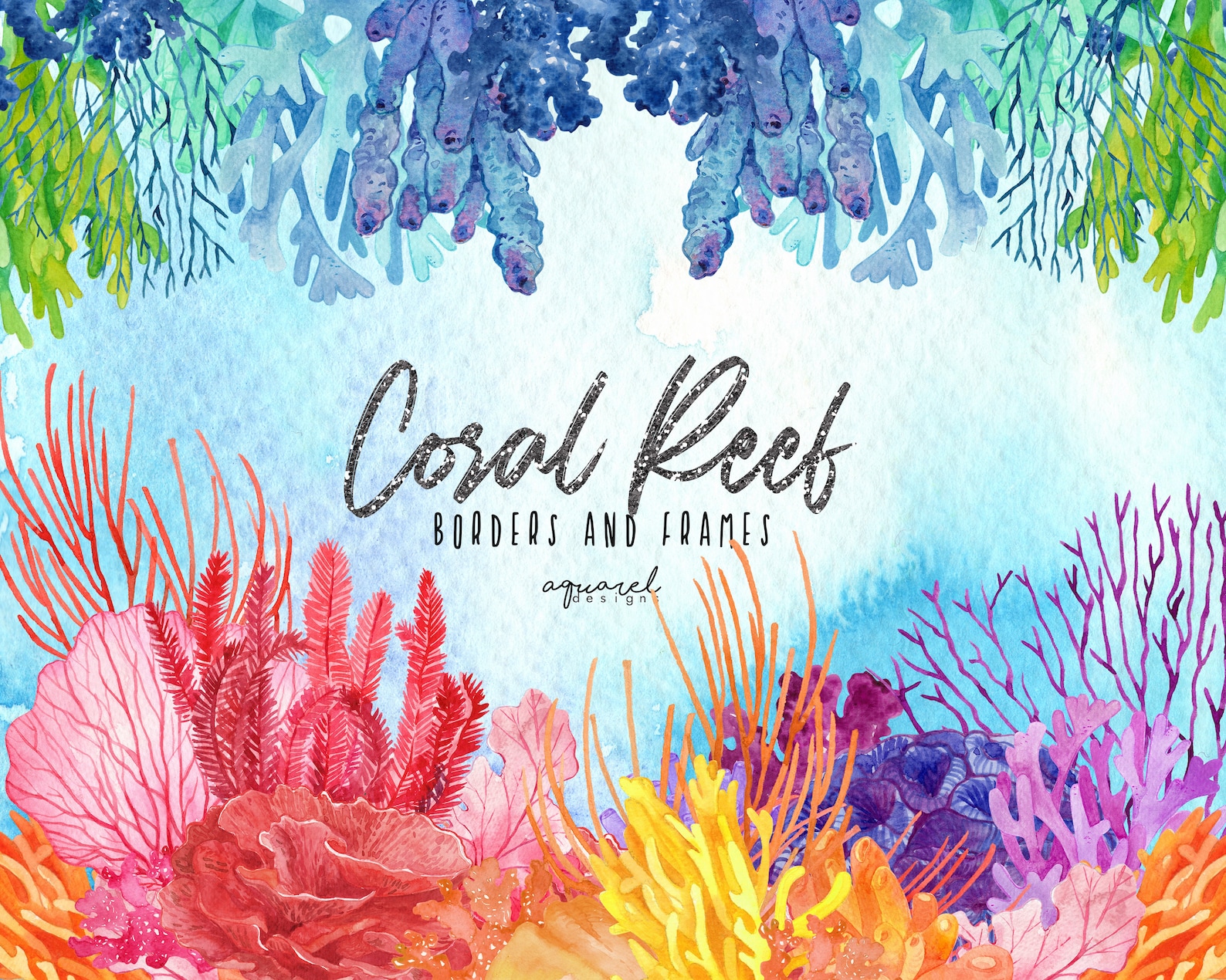 CORAL REEF watercolor clip art colorful corals borders and | Etsy