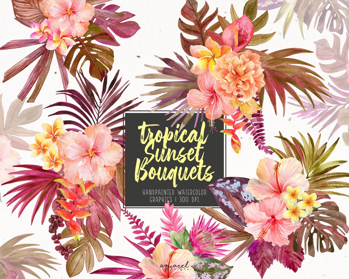 Watercolor Tropical Flower Bouquets Clipart Sunset Bouquets | Etsy