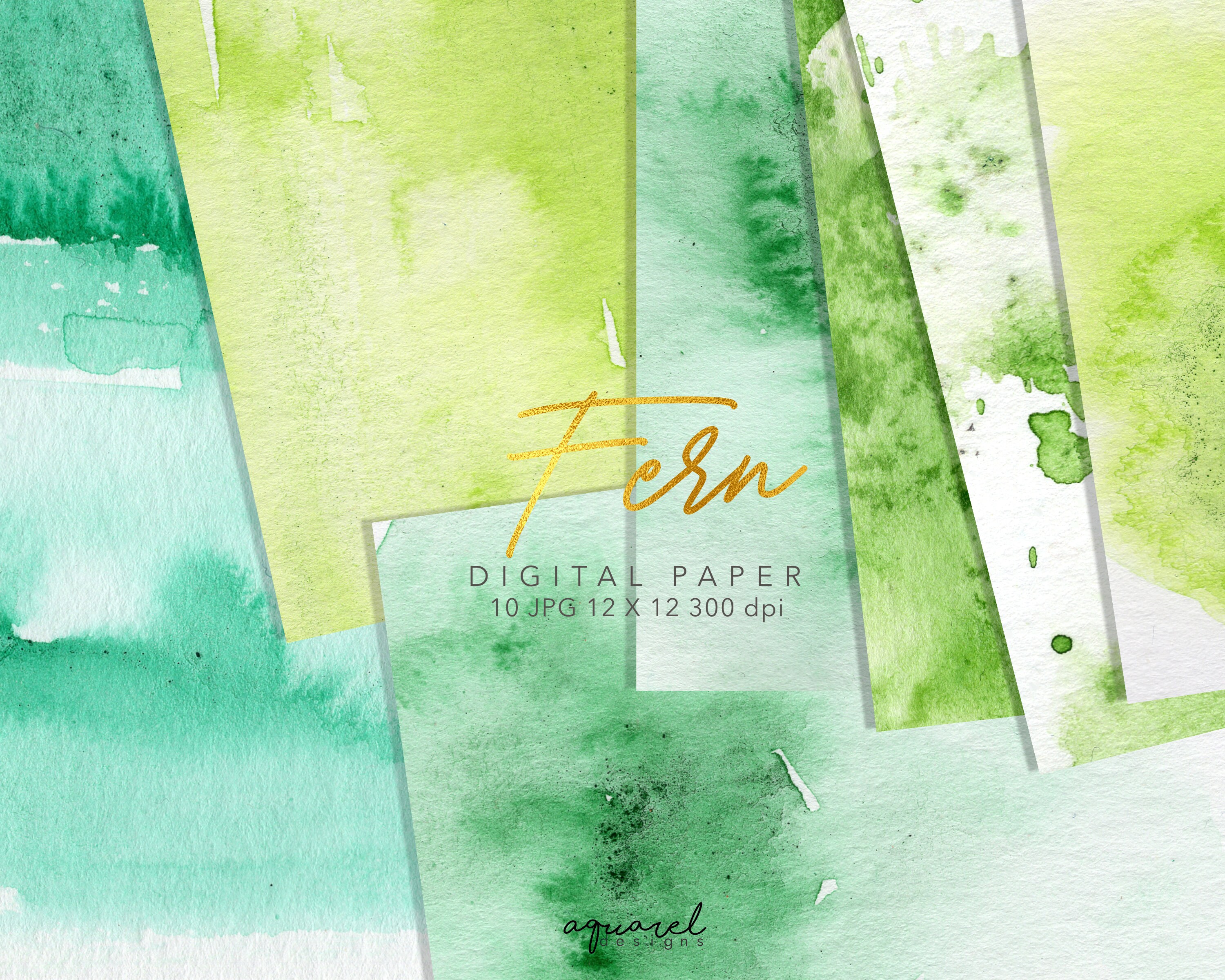 Watercolor Digital Papers, FERN, Green Watercolor Papers, Digital Paper ...