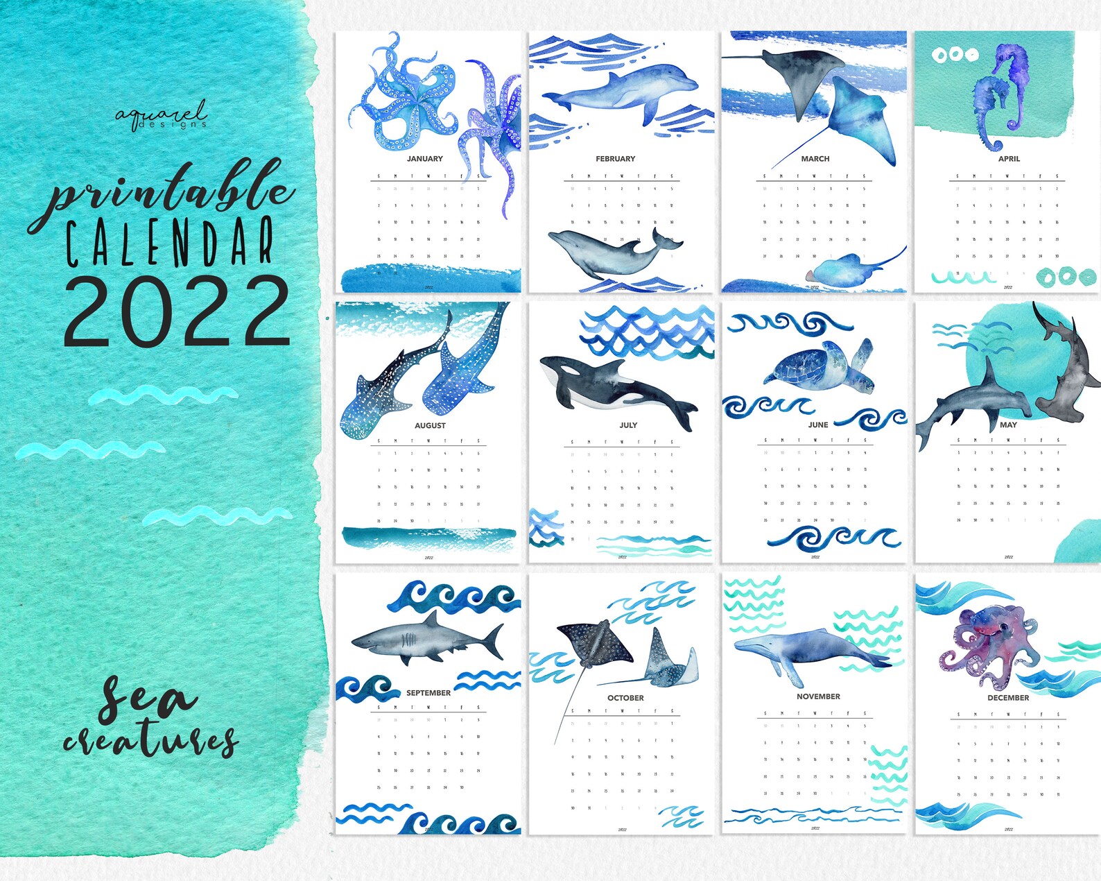 2022 Sea Creature Calendar Digital Download Wall Calendar | Etsy