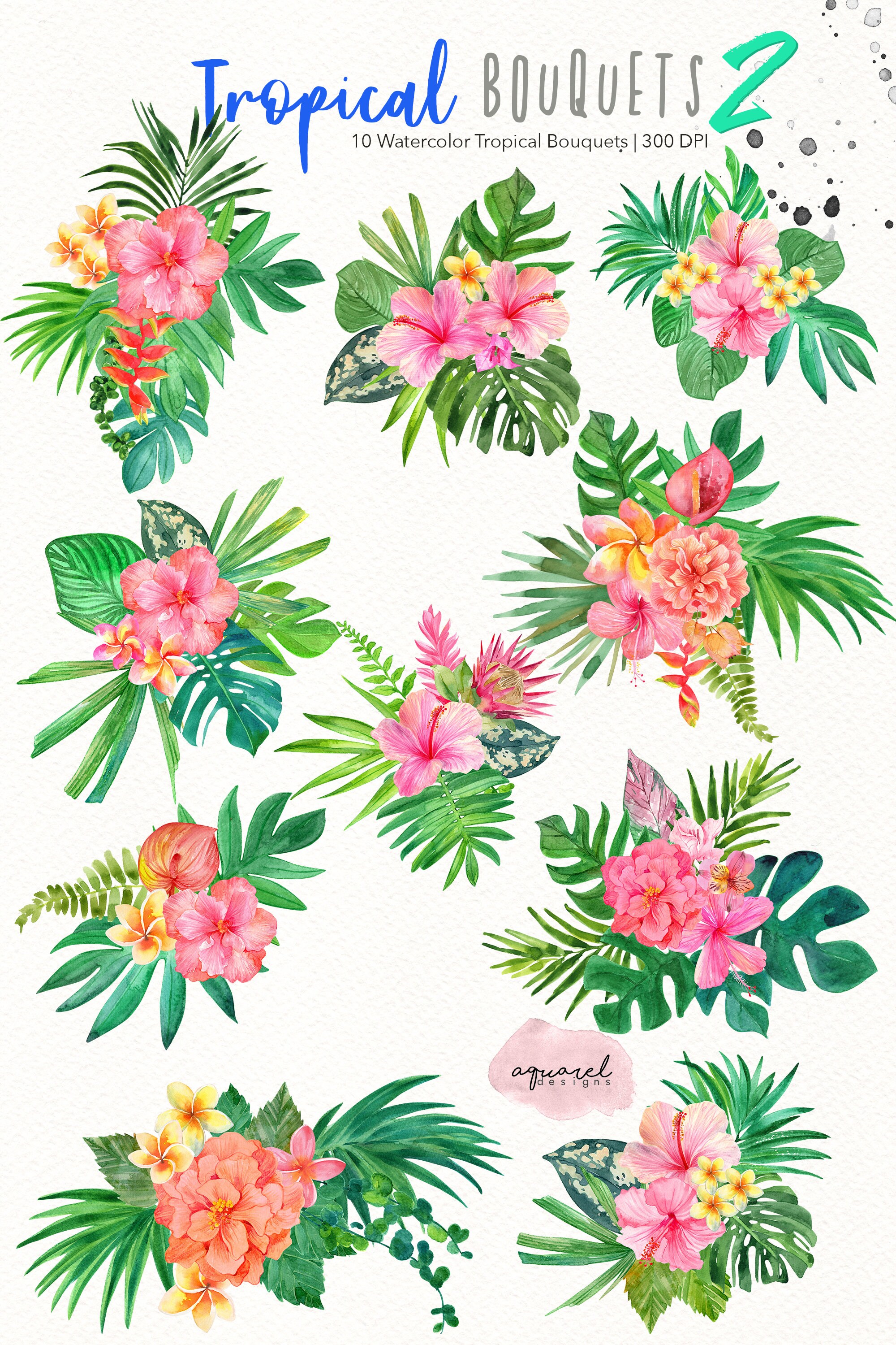 Watercolor Tropical Flower Bouquets Clipart Hawaii Clipart - Etsy