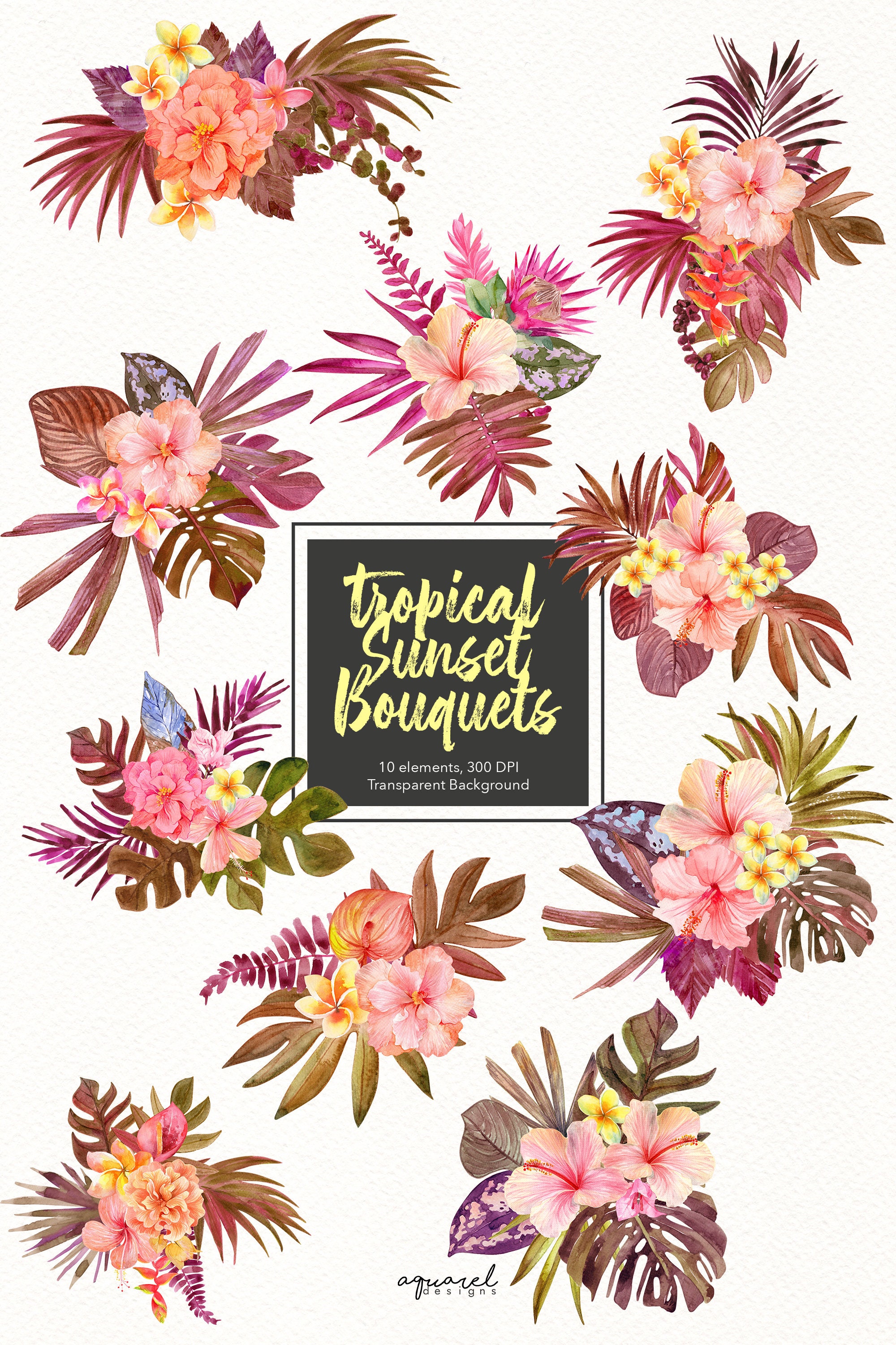 Watercolor Tropical Flower Bouquets Clipart, Sunset Bouquets, Hawaii ...