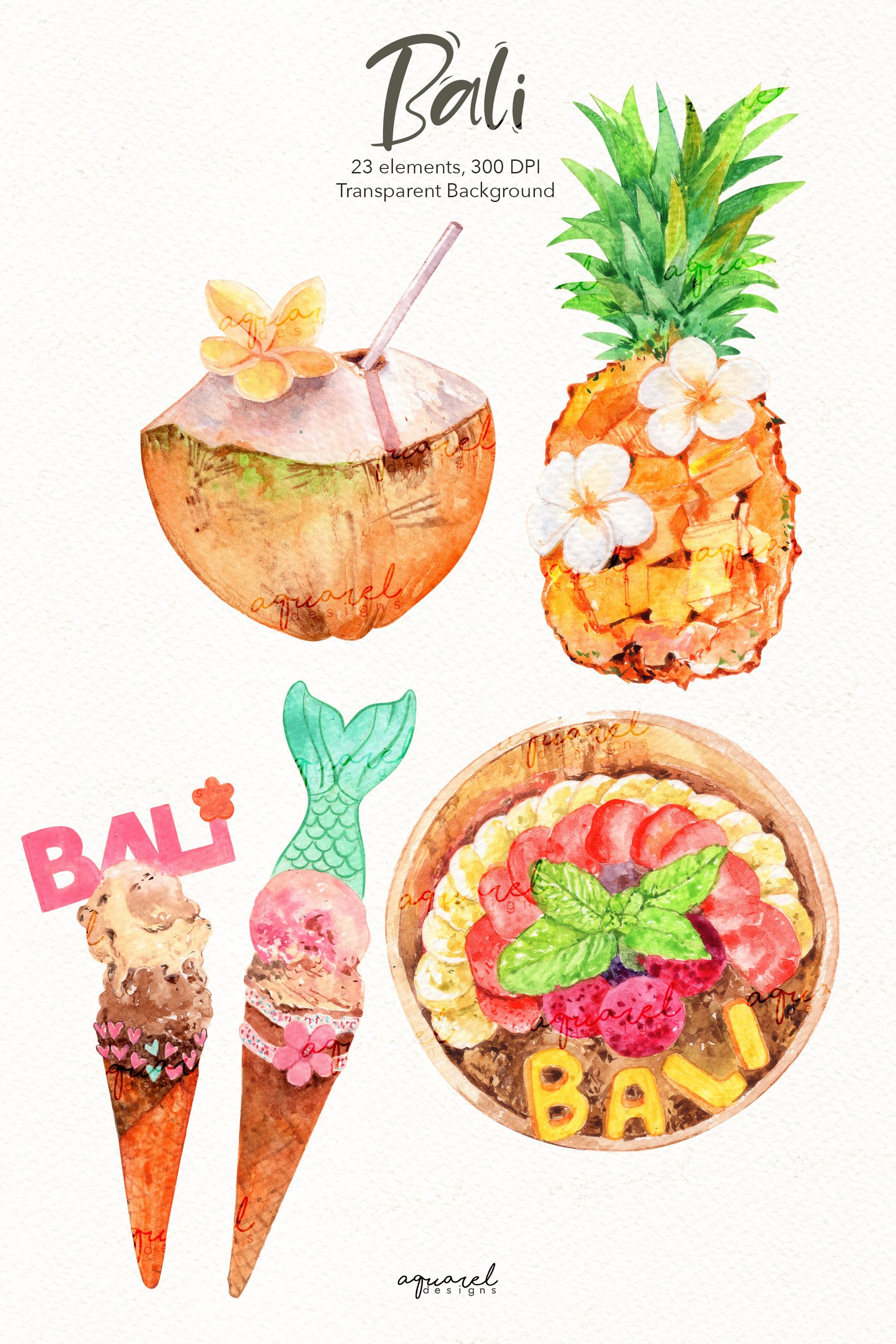 BALI Watercolor Island Clipart Travel Wanderlust Tropical - Etsy