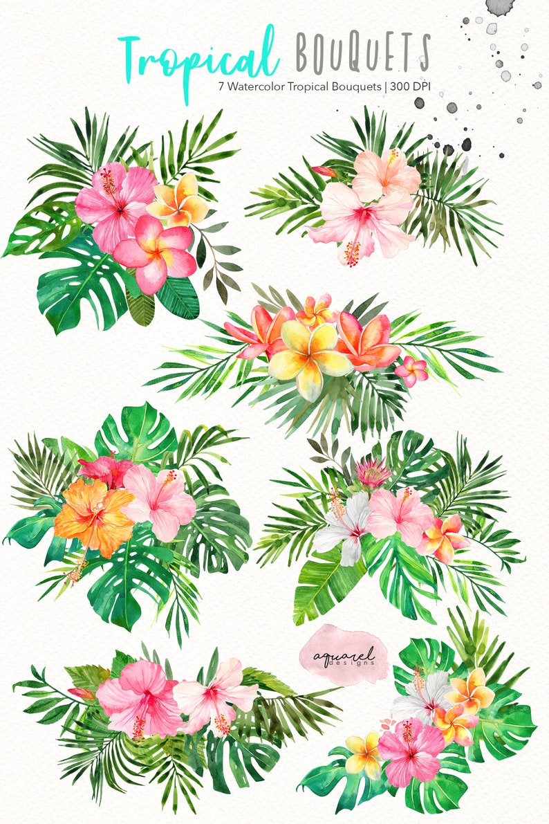 Watercolor Tropical Flower Bouquets Clipart Hawaii Clipart - Etsy 日本