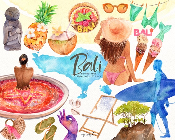 BALI Watercolor Island Clipart Travel Wanderlust Tropical - Etsy