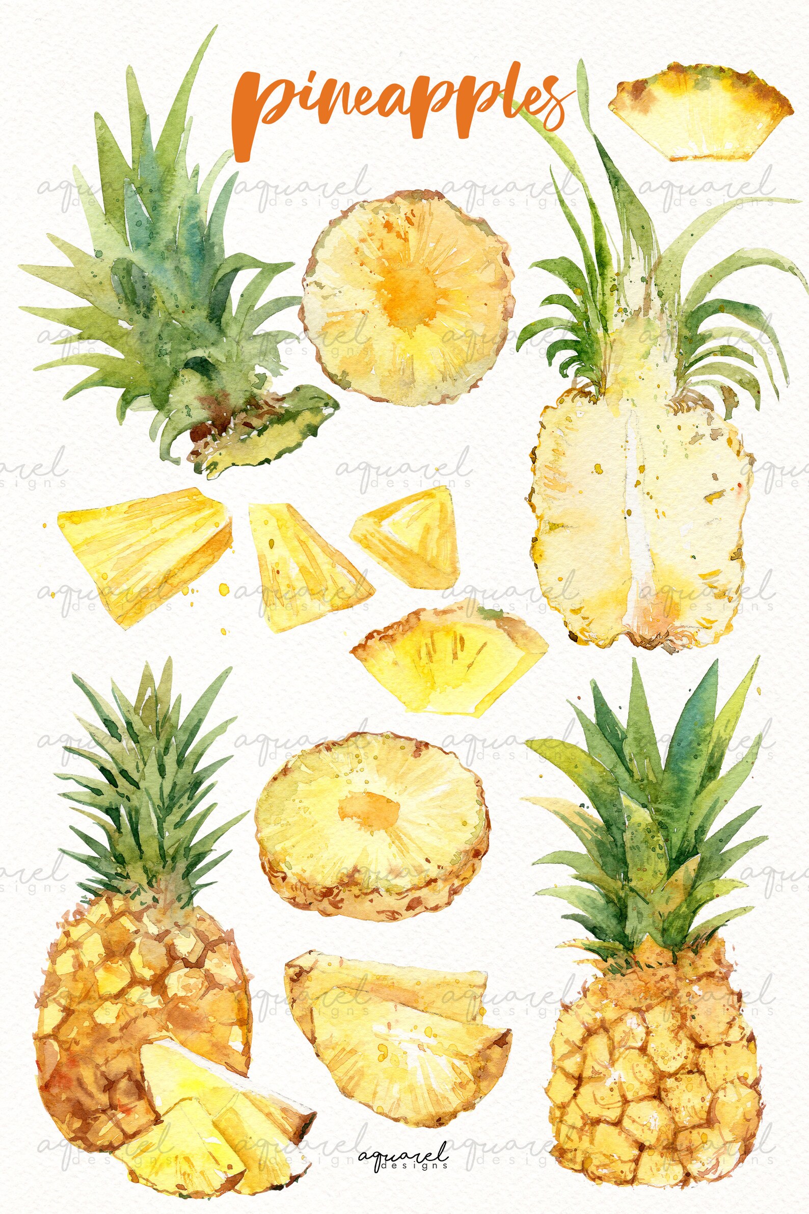 PINEAPPLE Watercolor Clipart Tropical Fruits Summer Hand - Etsy
