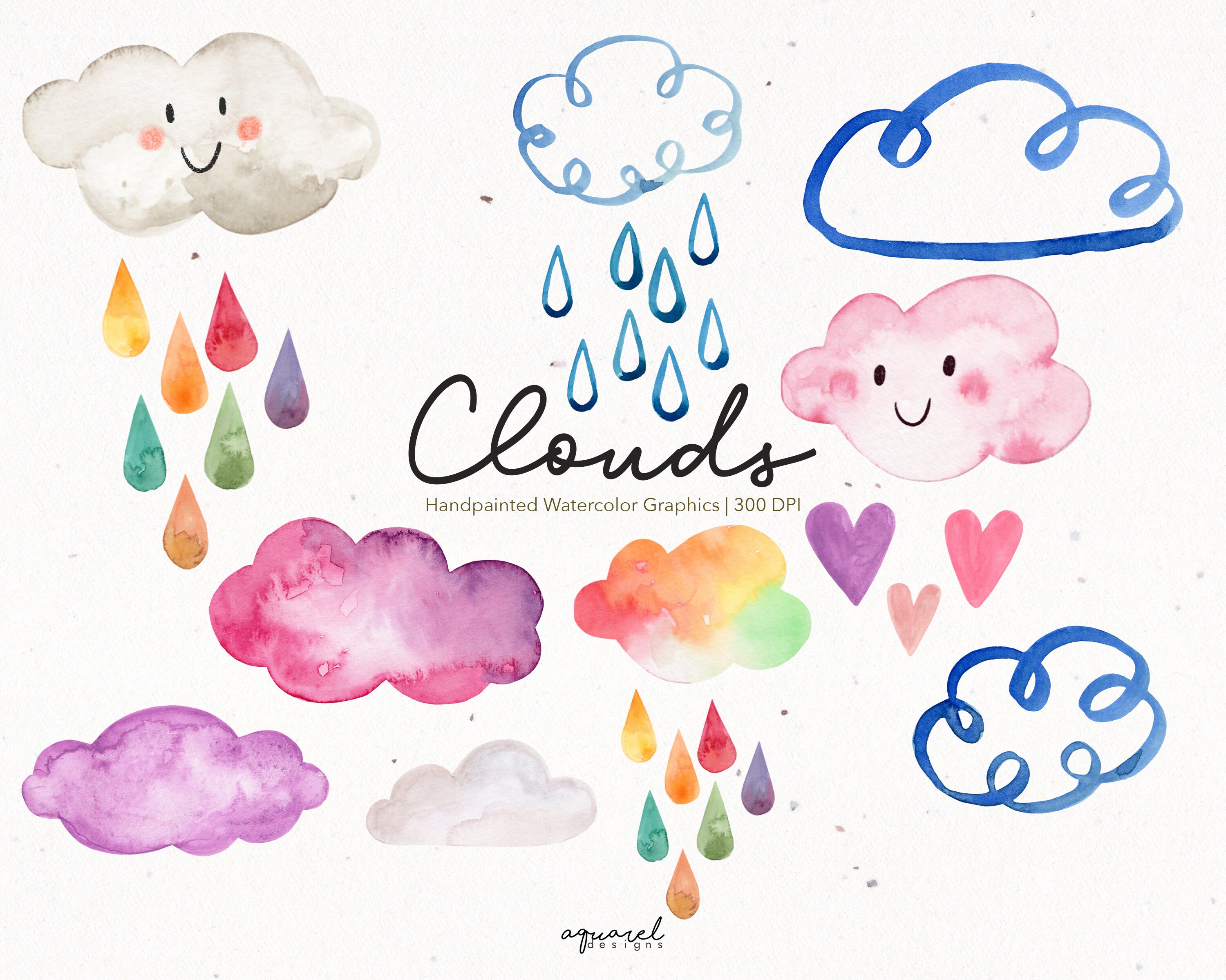 Watercolor Clouds Glitter Raindrops Rainy Clouds Cute - Etsy