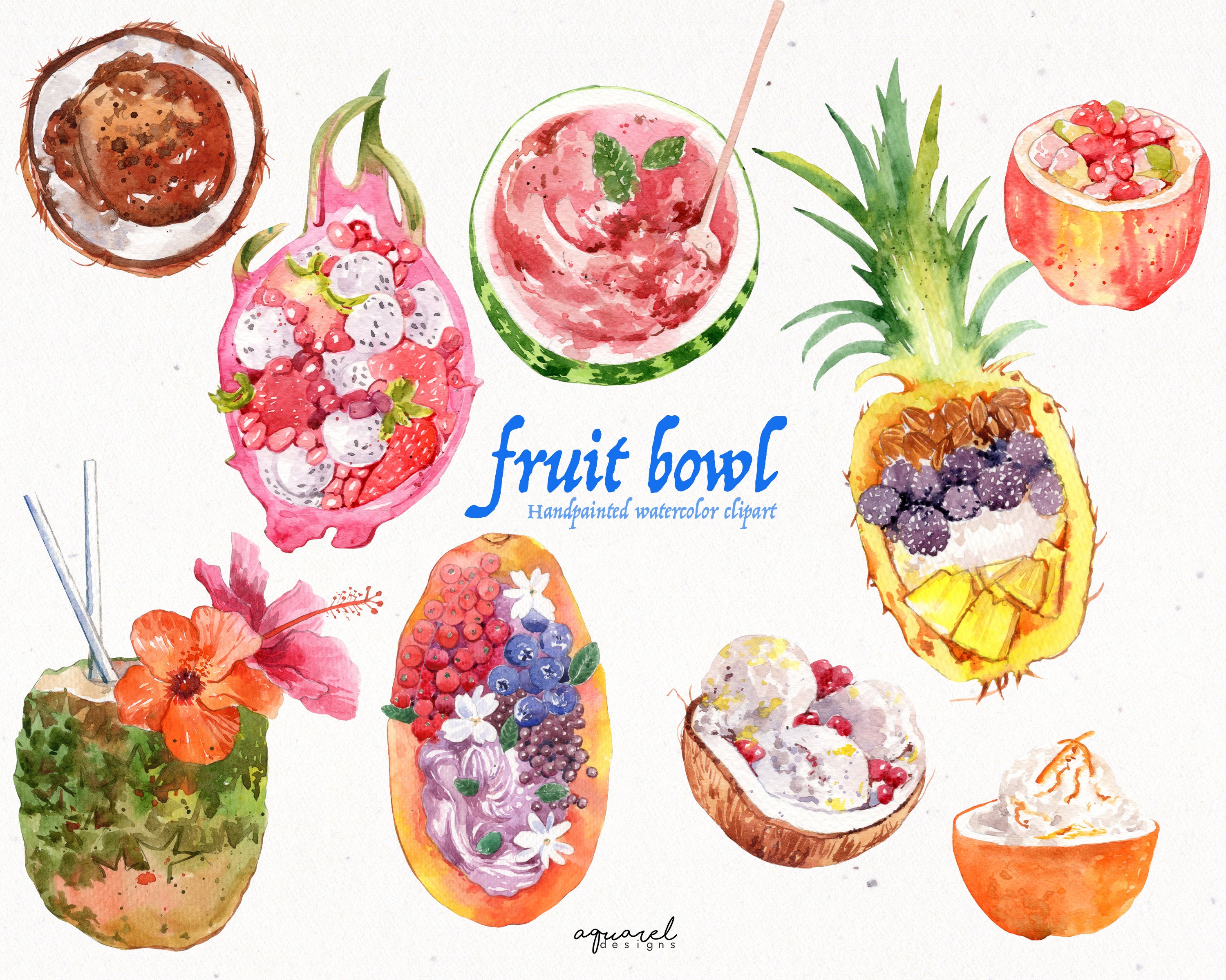 FRUIT BOWL | Watercolor Clipart, Strawberry, Papaya, Coconut, Dragon ...