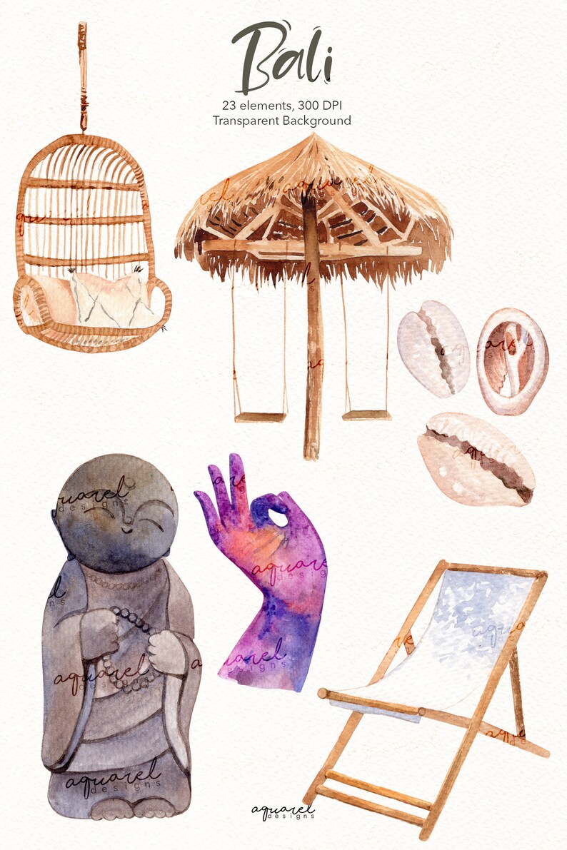 BALI Watercolor Island Clipart Travel Wanderlust Tropical - Etsy