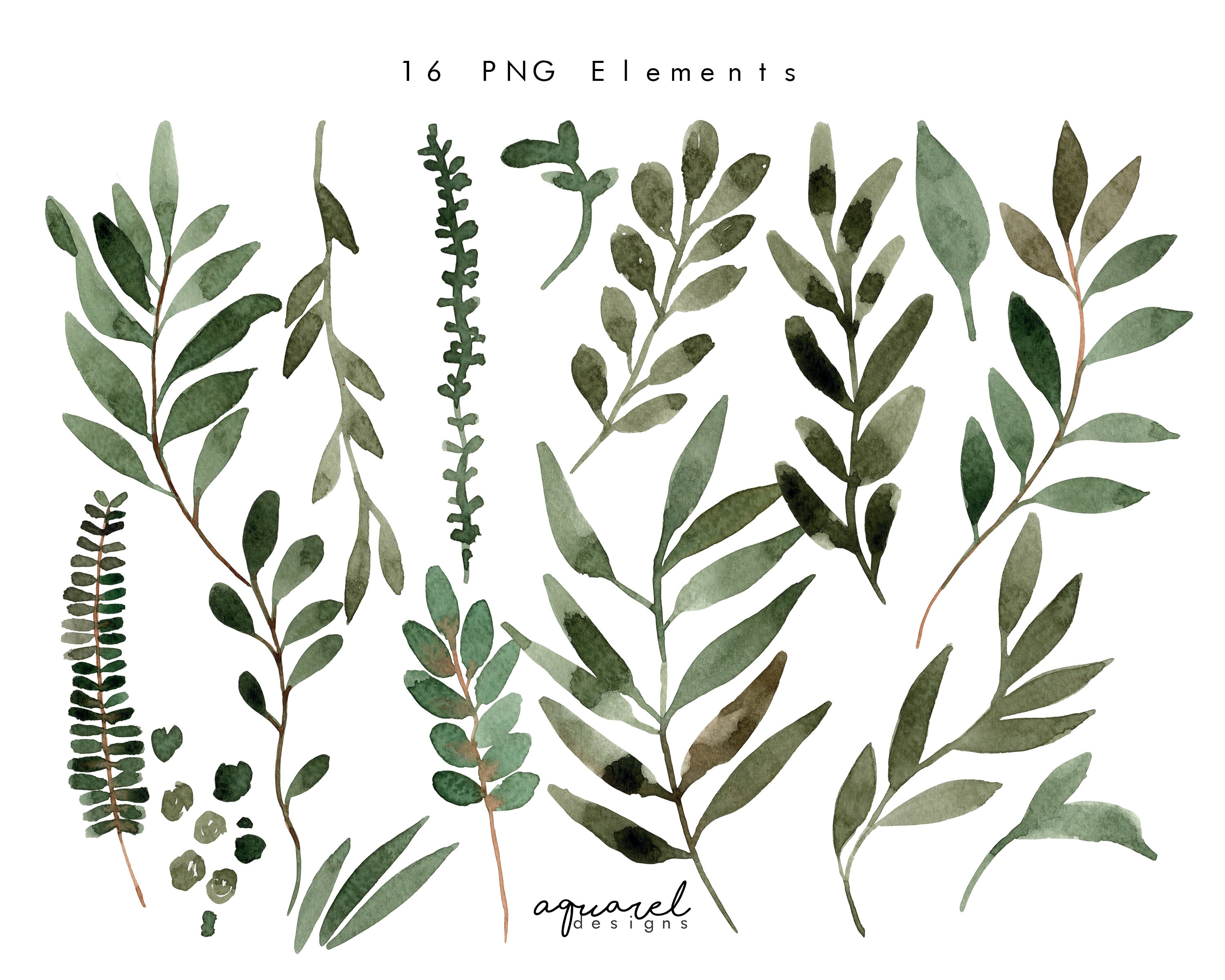 Watercolor Green Leaves Clipart Greenery Leaves Leaf Branches and Stems ...
