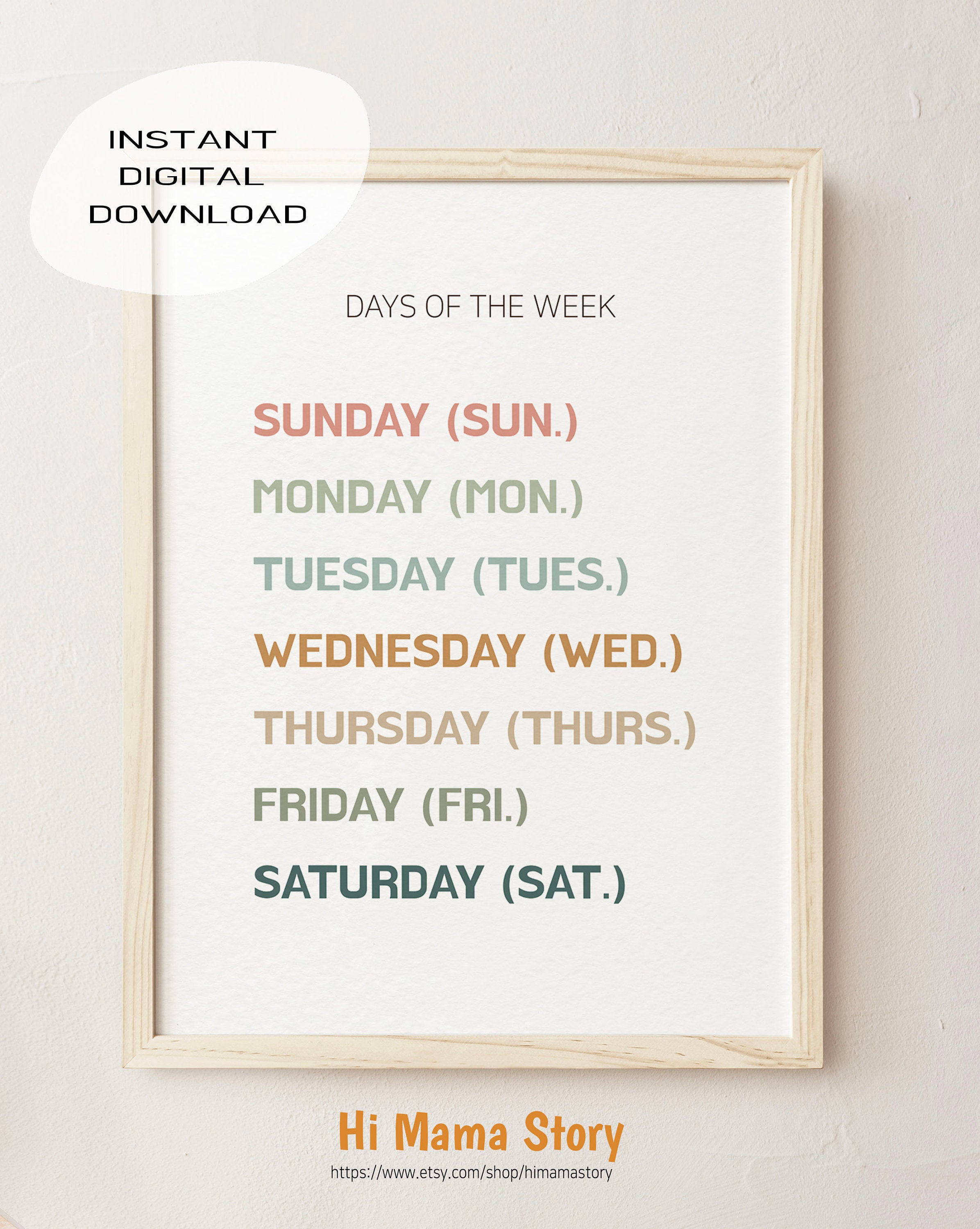 Neutral Days of the Week Poster, Homeschool Printable Art, Printable ...