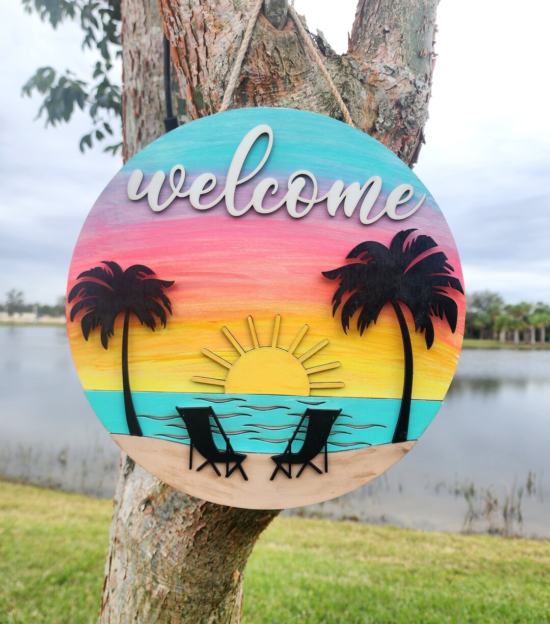 Welcome Sign - Beach Scene Sign - Sunset Beach Decor - Lake House Sign ...