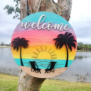 Welcome Sign - Beach Scene Sign - Sunset Beach Decor - Lake House Sign ...