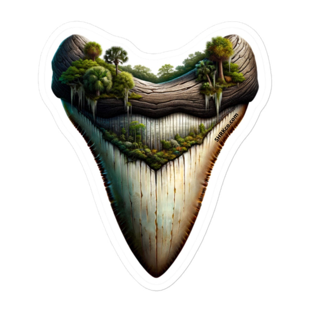 Megalodon Shark Tooth Sticker With Wilderness, Natural Fauna, Palm ...
