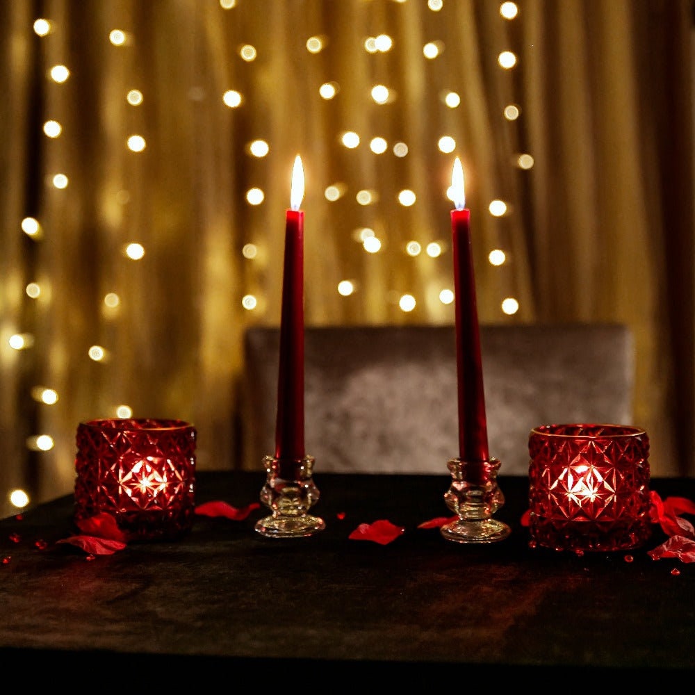 Romantic Candlelit Set Red Taper Candles and Glass T-light Candle ...