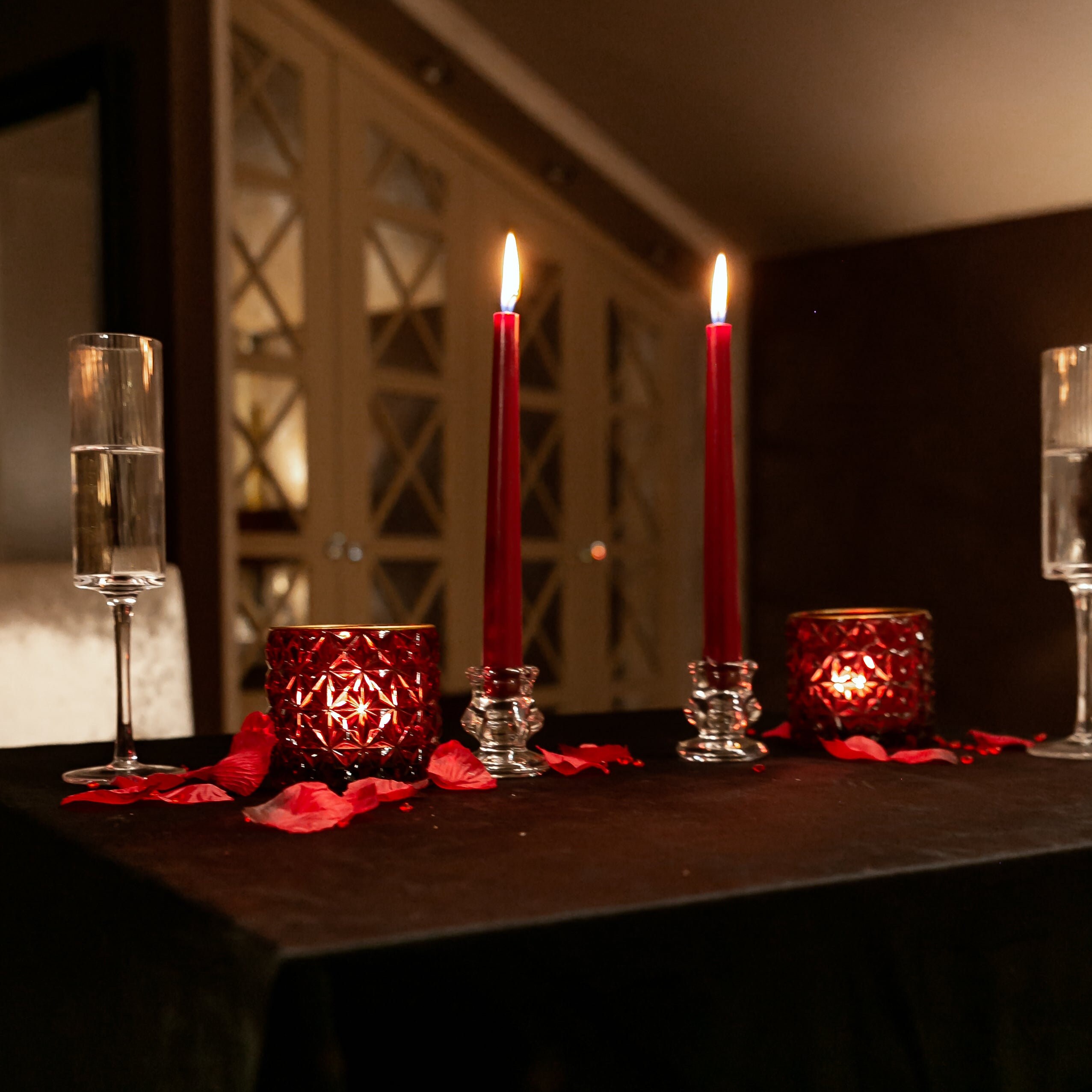 Romantic Candlelit Set Red Taper Candles and Glass T-light Candle ...