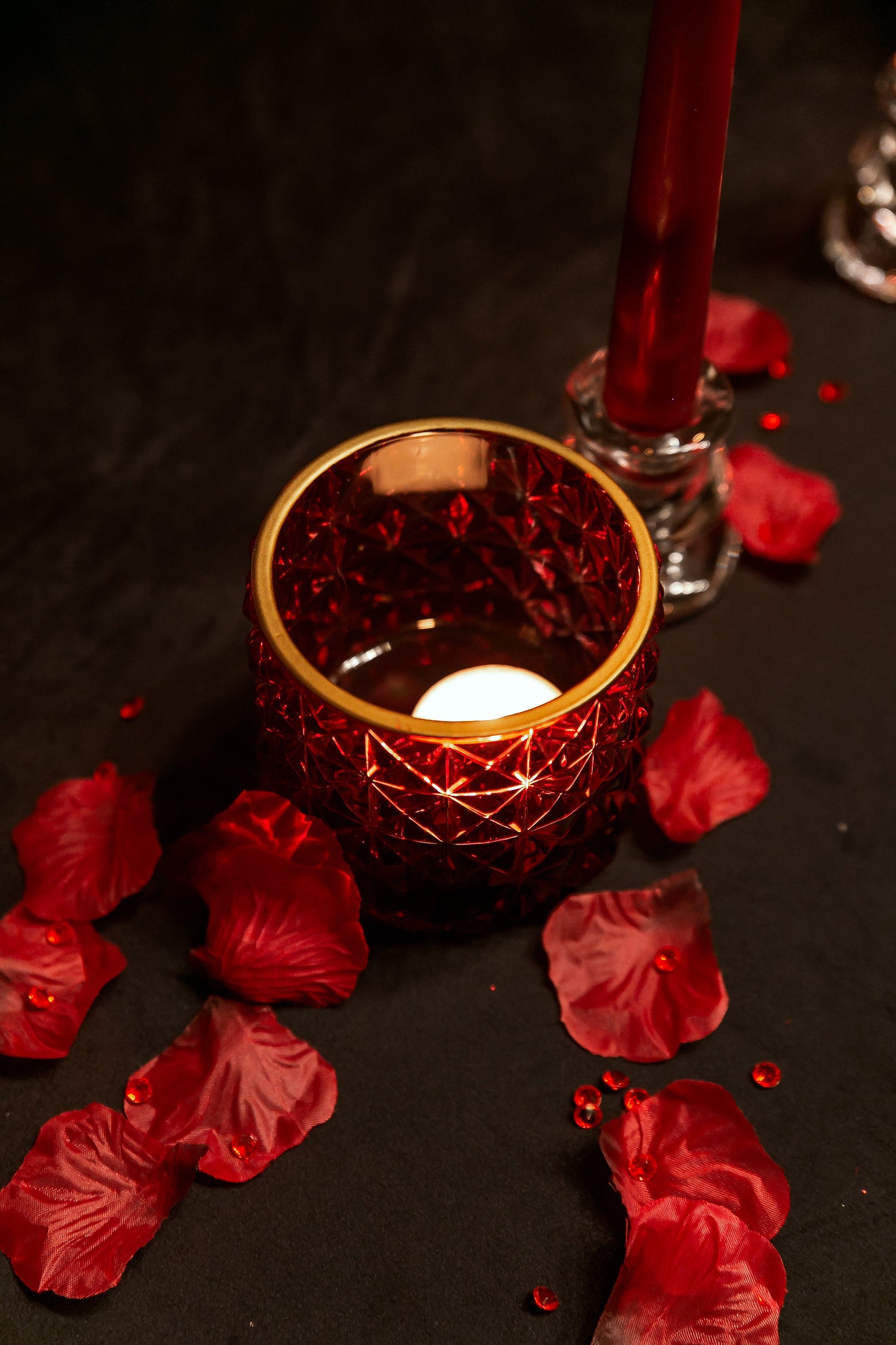 Romantic Candlelit Set Red Taper Candles and Glass T-light Candle ...