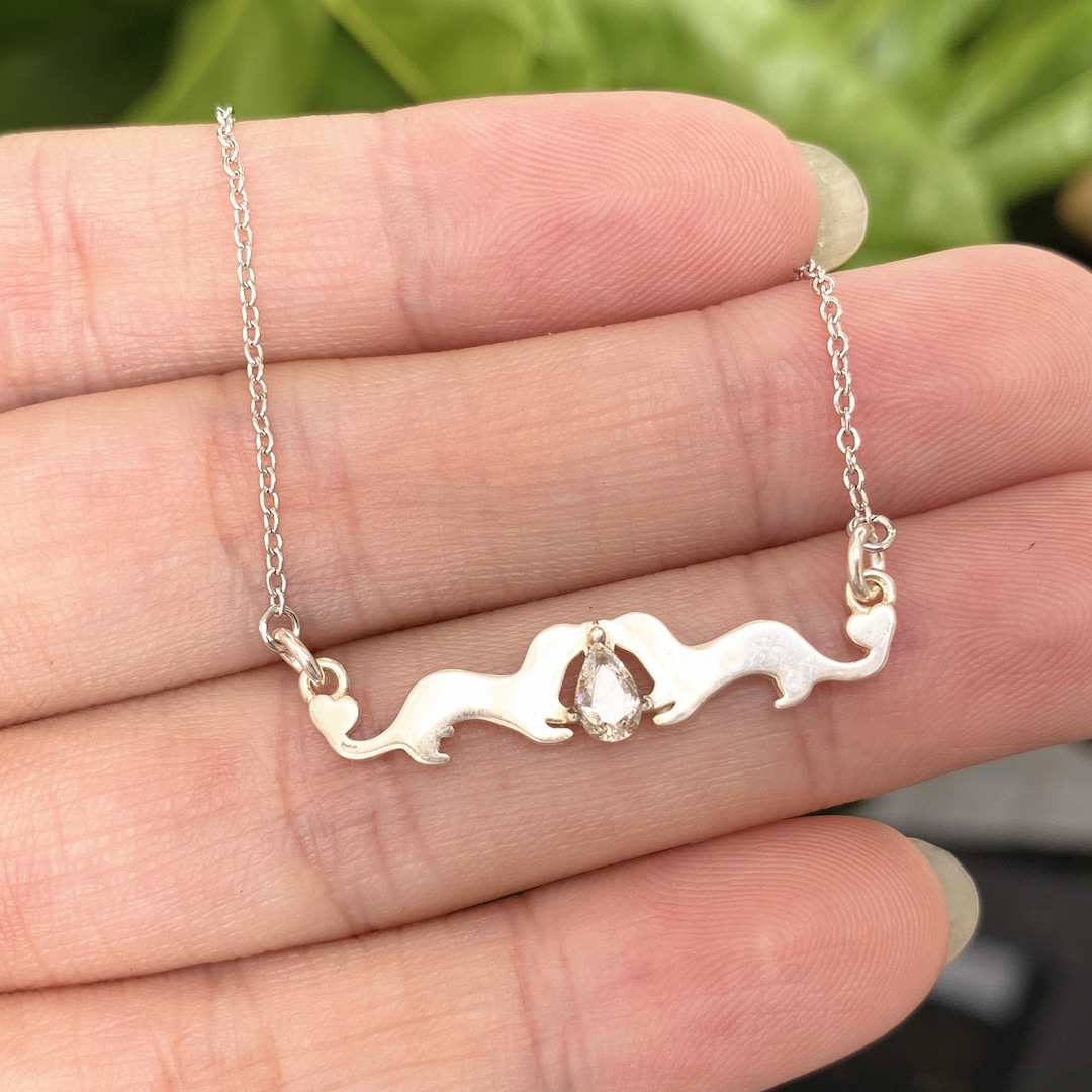 Silver Otter Couple Necklace: Water Drop Stone, 925 Silver, 18'' Chain ...