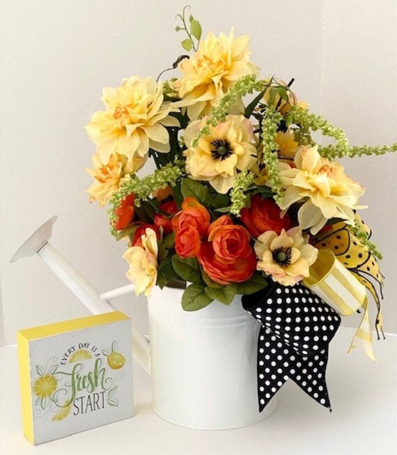 White Enamel Summer Watering Can Gorgeous Floral Porch Table | Etsy