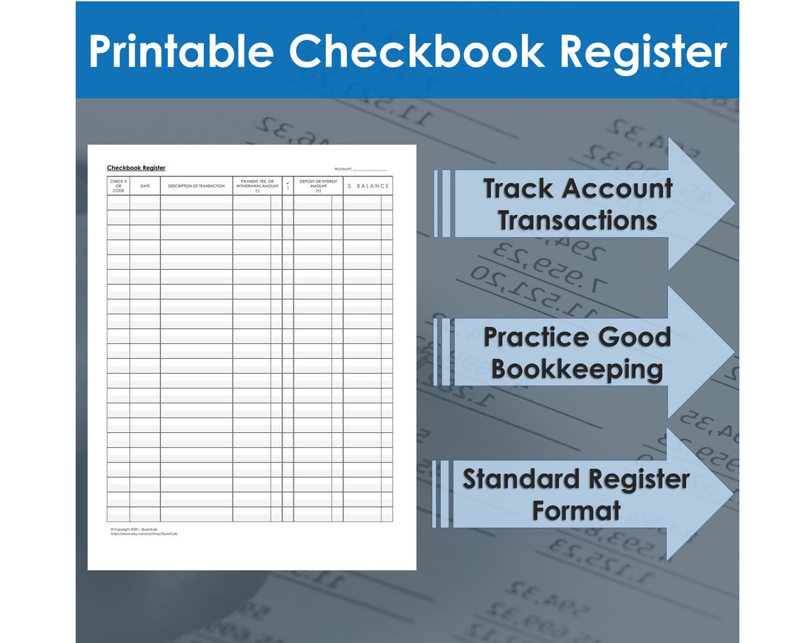 Printable Checkbook Register - Transaction Register PDF, Bank Account ...