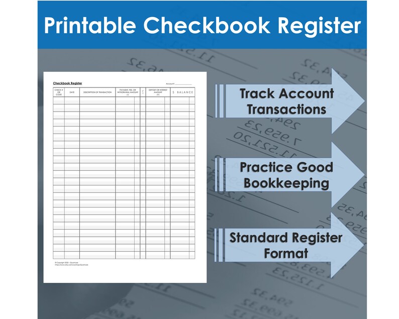 Printable Checkbook Register - Transaction Register PDF, Bank Account ...