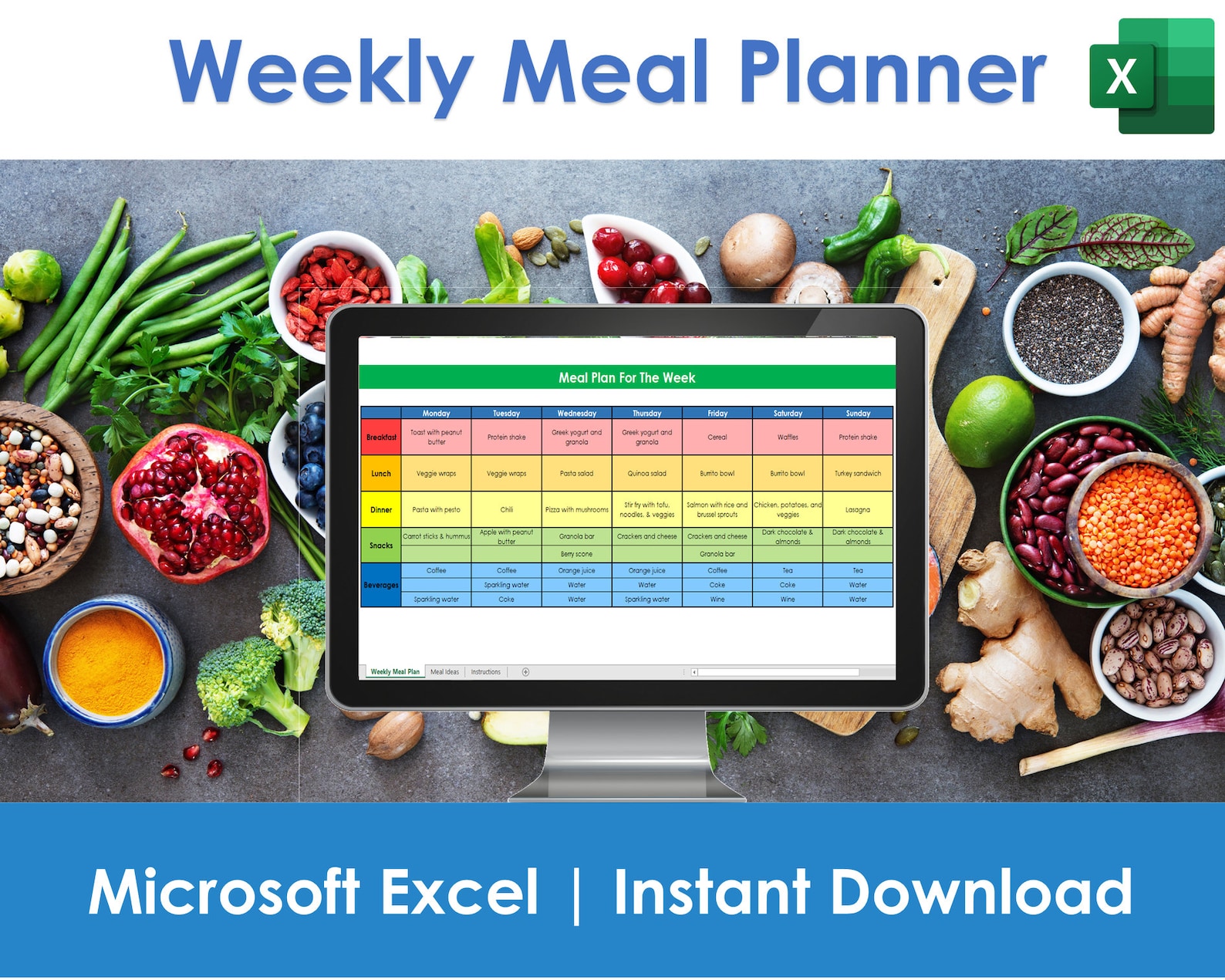 Weekly Meal Planner - Excel Spreadsheet, Meal Ideas, Food Schedule ...