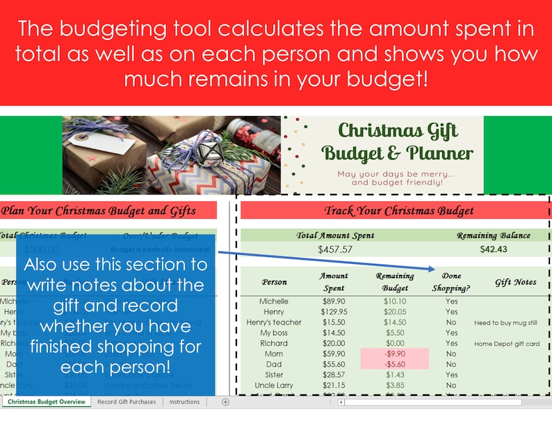 Christmas Gift Budget Planner - Excel Spreadsheet Template, Holiday ...