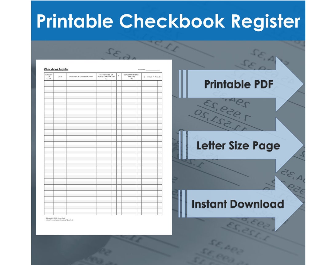 Printable Checkbook Register - Transaction Register PDF, Bank Account ...