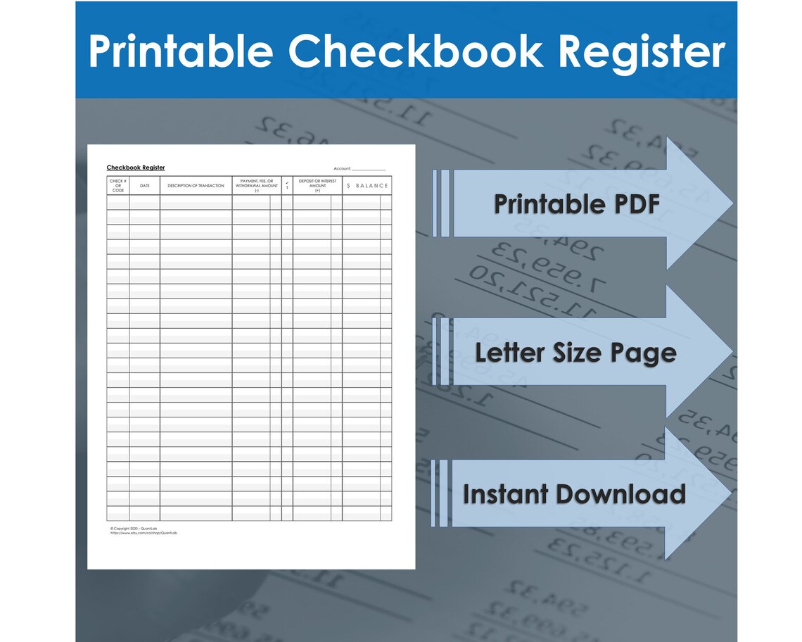 Printable Checkbook Register - Transaction Register PDF, Bank Account ...