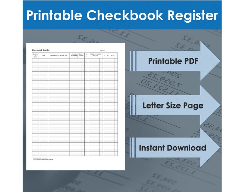 Printable Checkbook Register - Transaction Register PDF, Bank Account ...
