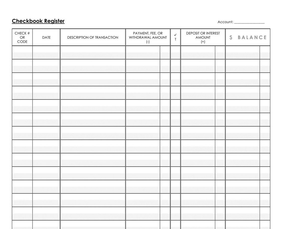 Printable Checkbook Register - Transaction Register PDF, Bank Account ...