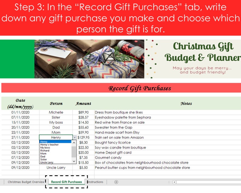 Christmas Gift Budget Planner - Excel Spreadsheet Template, Holiday ...