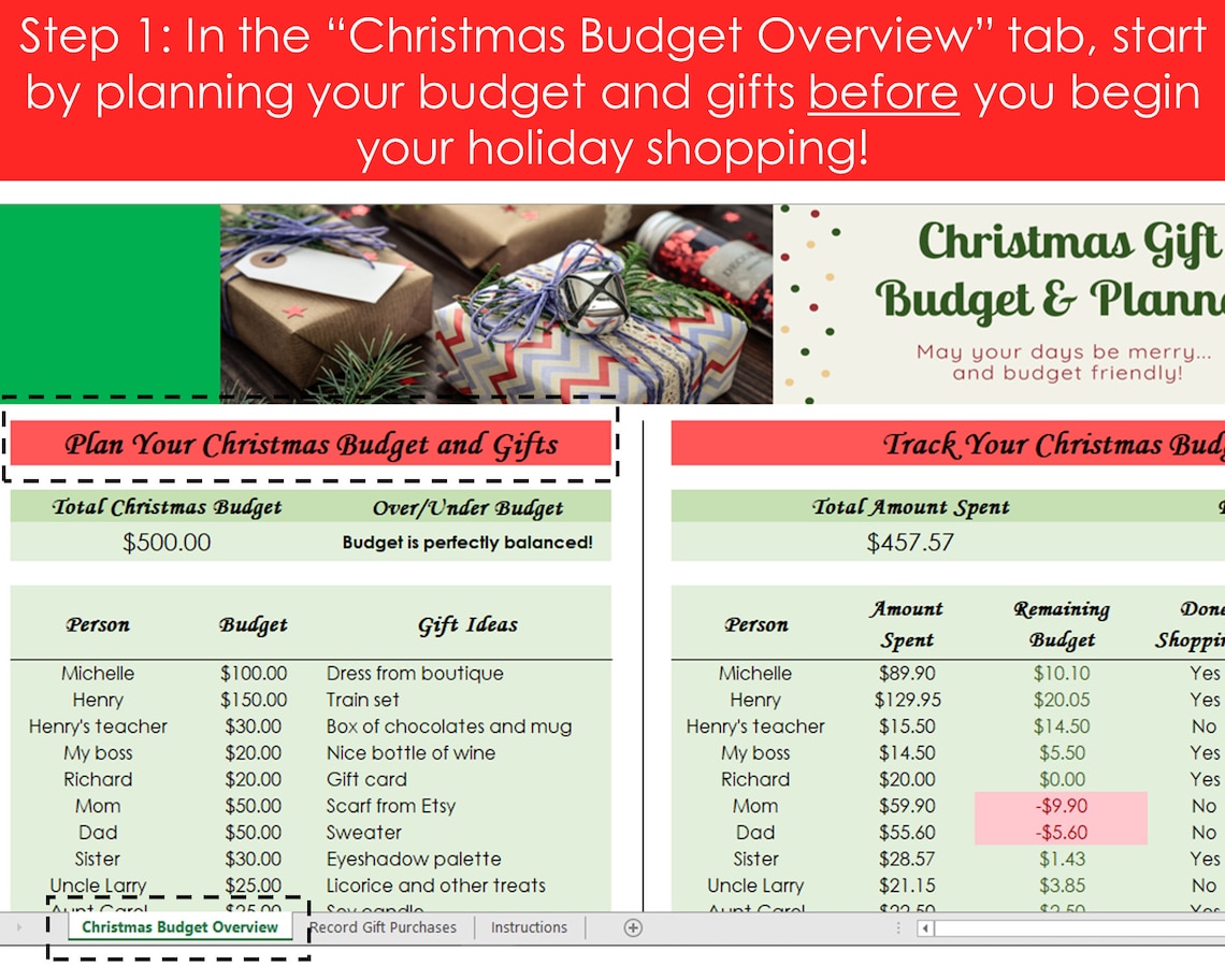 Christmas Gift Budget Planner - Excel Spreadsheet Template, Holiday ...