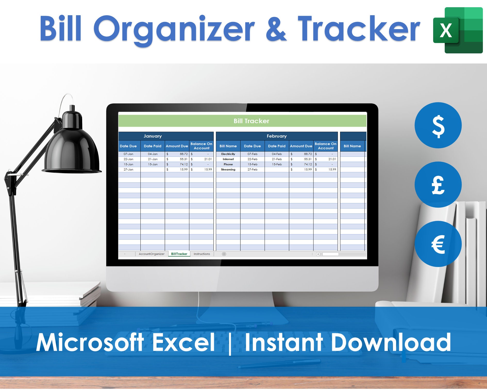 Bill Tracker and Organizer - Excel Spreadsheet, Payment Planner, Bill ...